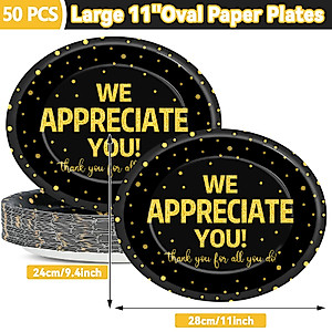 50 Pcs We Appreciate You Party Plates Thank You Paper Plate, Large 11 Inch Black and Gold Appreciation Week Dessert Tableware for Employee Volunteer Teacher Doctor Staff Thank You Party Decorations