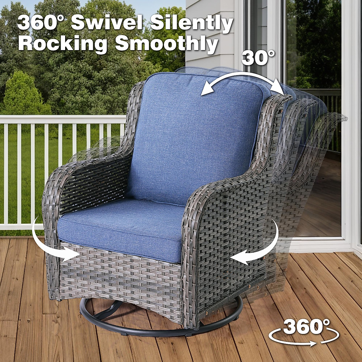 ovios 3 Pieces Patio Rocking Chairs with Side Table, Outdoor Wicker Swivel Chairs of 2, High Back Glider Chairs Rocker Set for Garden, Grey Rattan Denim Blue Cushions