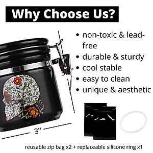 Sugar Skull Stash Jar Half Oz (250ml), Odor Smell Proof Jar Airtight Container Keep Herbs Fresh Storage, Flower Skull Bowl Bottle Holder - Goth Skull Decor Gothic Sugar Skull Gifts for Women -Black