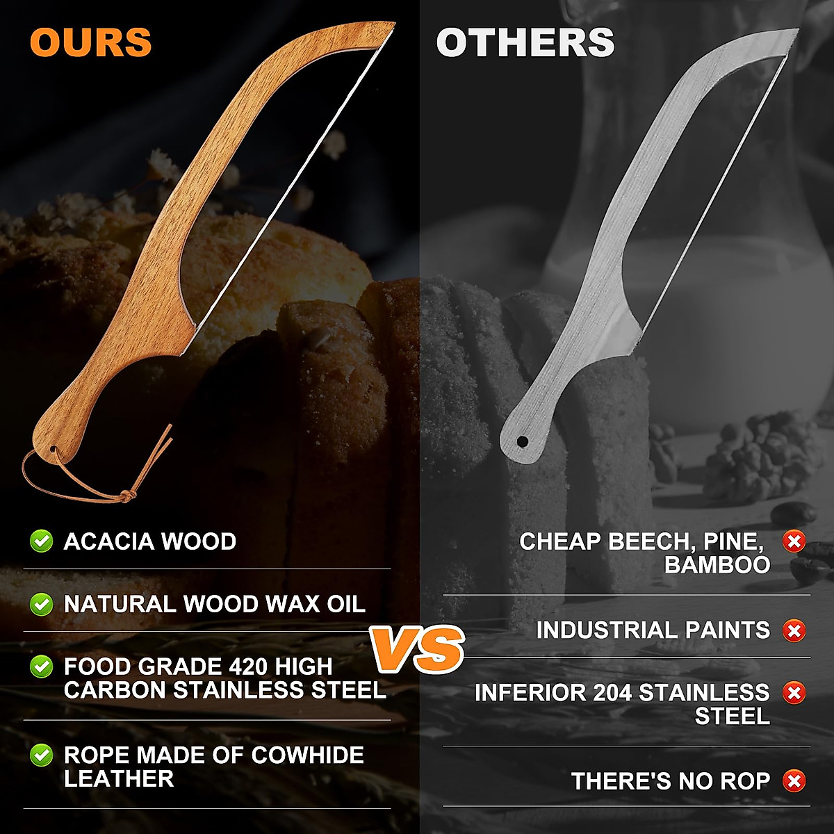 HAOIOKSC Bread Slicer for Homemade Bread, 15.7 In Wooden Sourdough Bread Knife- Ergonomic Design, Premium Stainless Steel Serrated Bread Bow Knife for Precise Cutting Baguettes Bagels