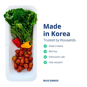 BLUE GINKGO Over the Sink Colander Strainer Basket - Wash Vegetables and Fruits, Drain Cooked Pasta and Dry Dishes - Extendable - New Home Kitchen Essentials (7.9 W x 14.5-19.5 L x 2.75 H) - White