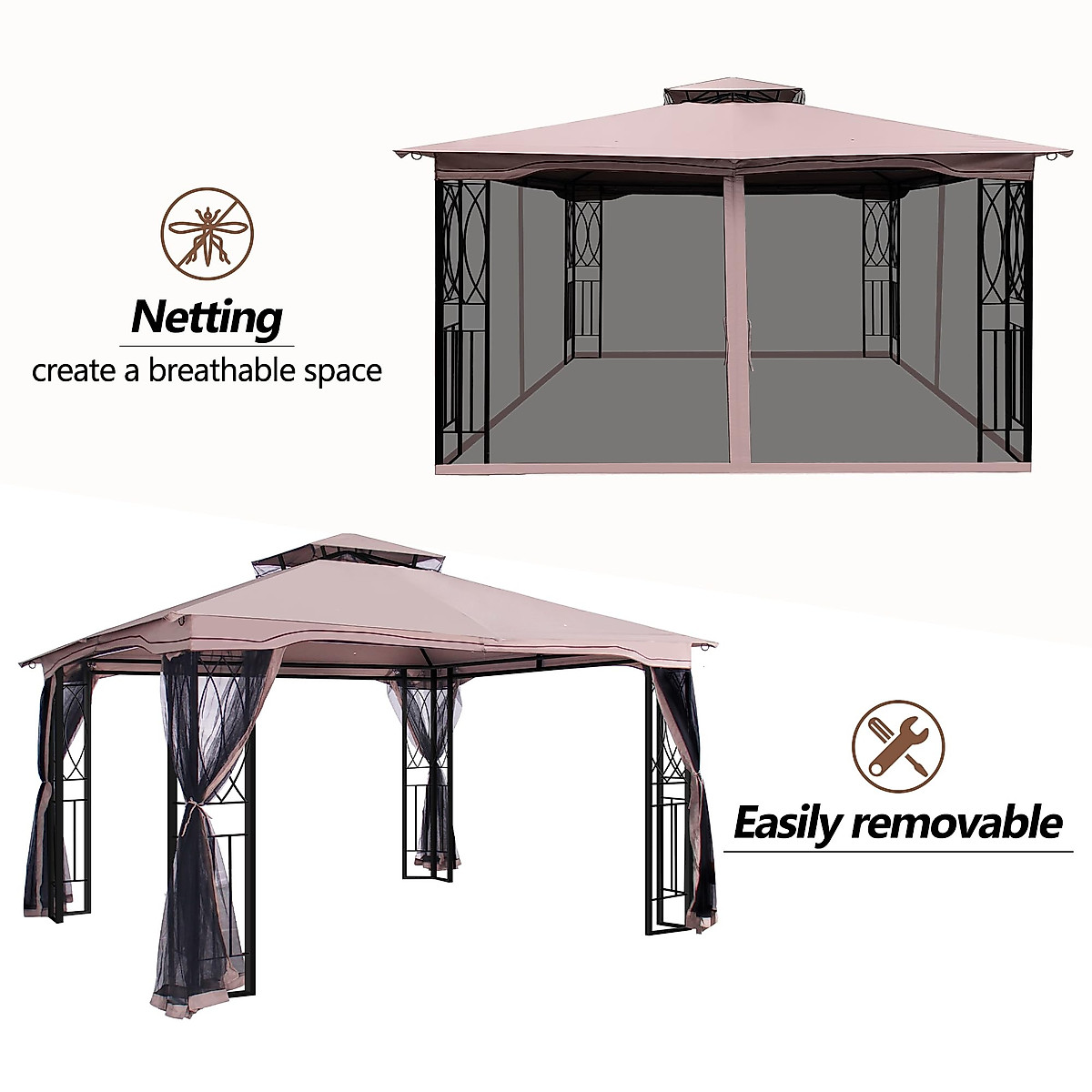 GARTOO 11'x13' Outdoor Patio Gazebo - Porch Gazebo with Polyester Roof & Breathable Netting, Best for Garden, Lawn, Backyard Deck (Taupe)