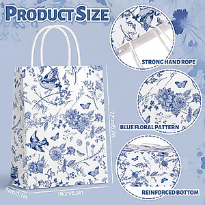 AnyDesign 16Pcs Floral Paper Gift Bags Blue White Party Bags with Handles Chinoiserie Hydrangea Branches Decorative Packaging Bags for Wedding Birthday Party Supply