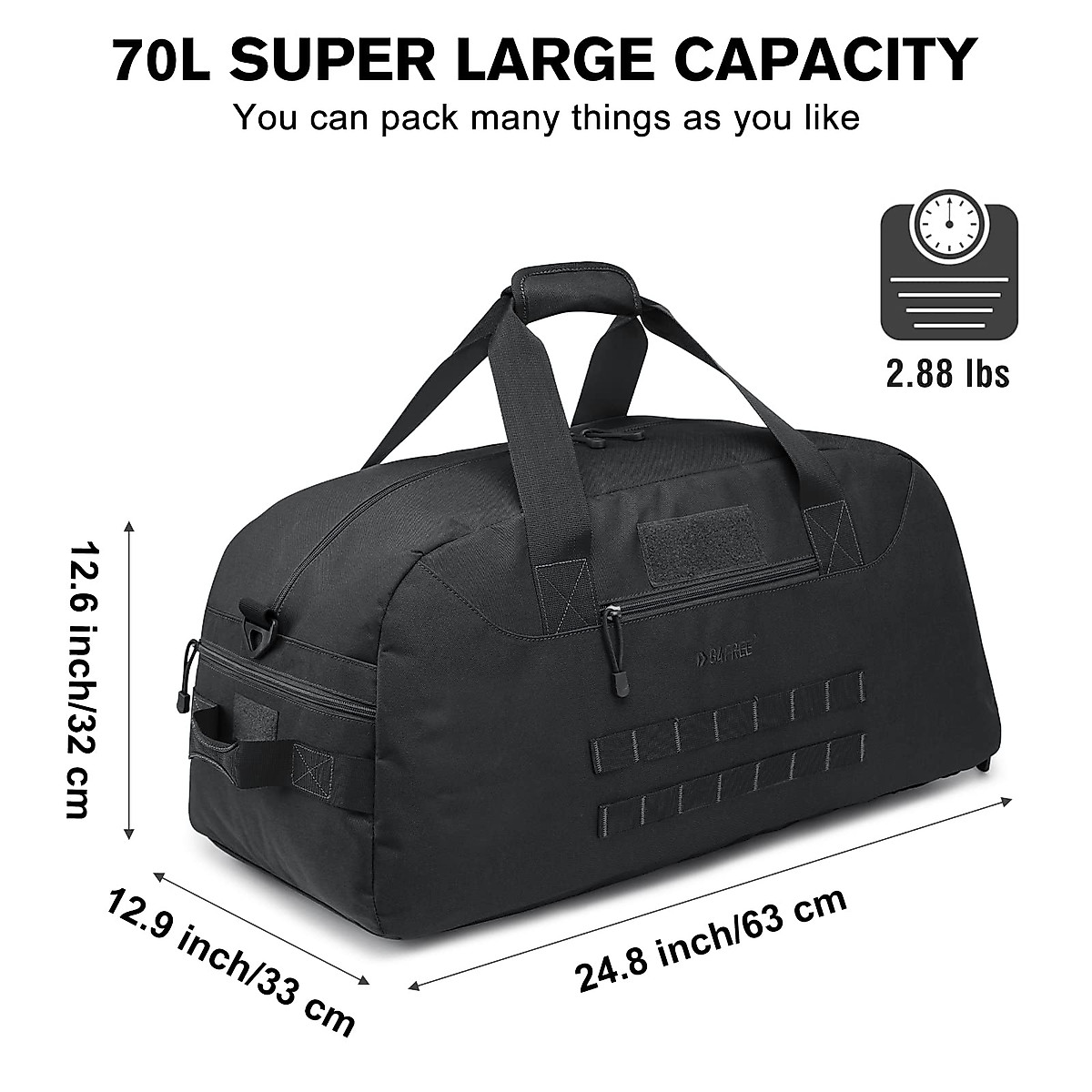 G4Free 70L Large Tactical Duffle Bag Men Sports Gym Backpack with Shoes Compartment Military MOLLE Duffel Backpack ( Black)