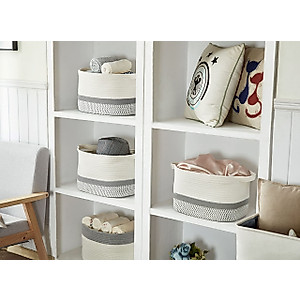 DECOMOMO Woven Baskets for Storage | Large Decorative Cotton Rope Basket for Organizing Baby Toy Book Nursery Kids Laundry Organizer 15" x 11" x 10" (Grey, Large – Set of 3)