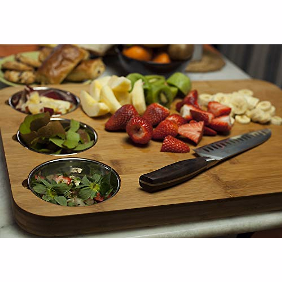 Versachop Trio, Extra Large 22 X 16 inch Cutting Boards for Kitchen, Butcher Block - Totally Natural Organic Moso Bamboo board with three Stainless Steel Bowls attached for easy chopping