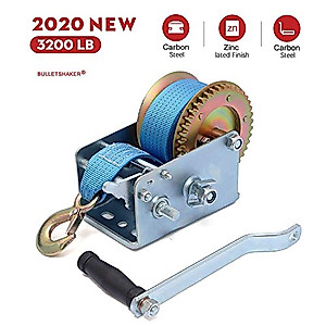 BULLETSHAKER 3200LBS Polyester Strap 2 Gear Hand Winch Hand Crank Gear Winch ATV Boat Trailer