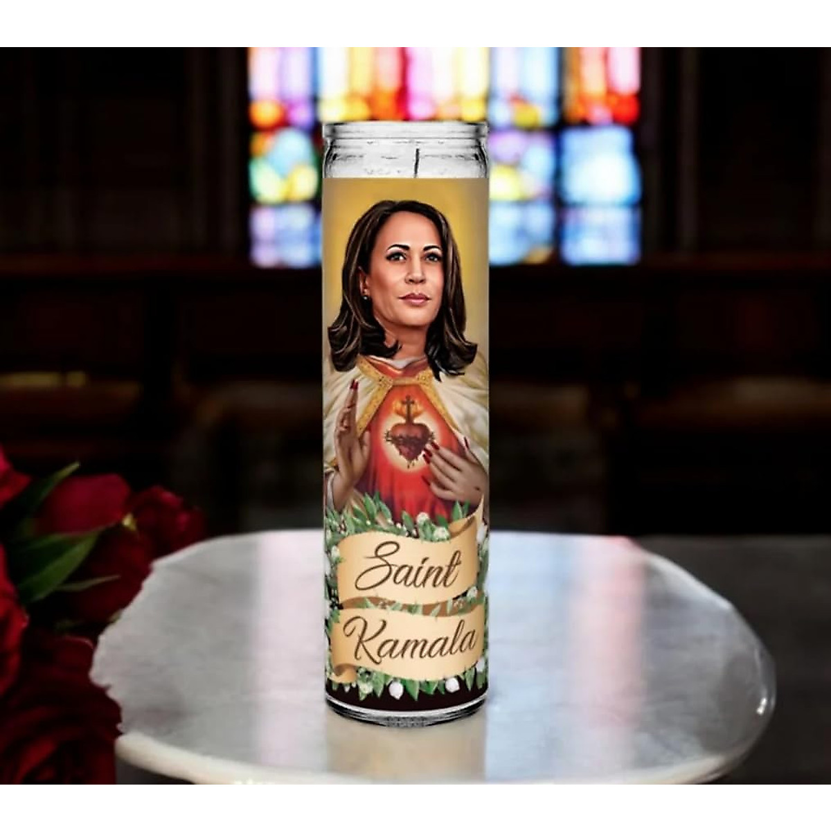 Saint Kamala Harris Celebrity Prayer Devotional Parody Altar Candle, 8" white unscented