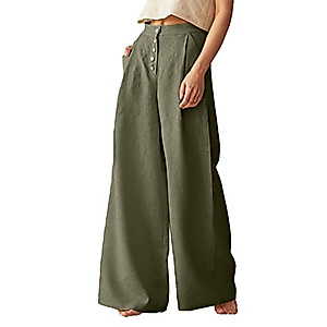 Mingzhu Womens Casual High Waist Cotton Linen Palazoo Pants Summer Wide Leg Trousers with Pockets(0610-Green-S)