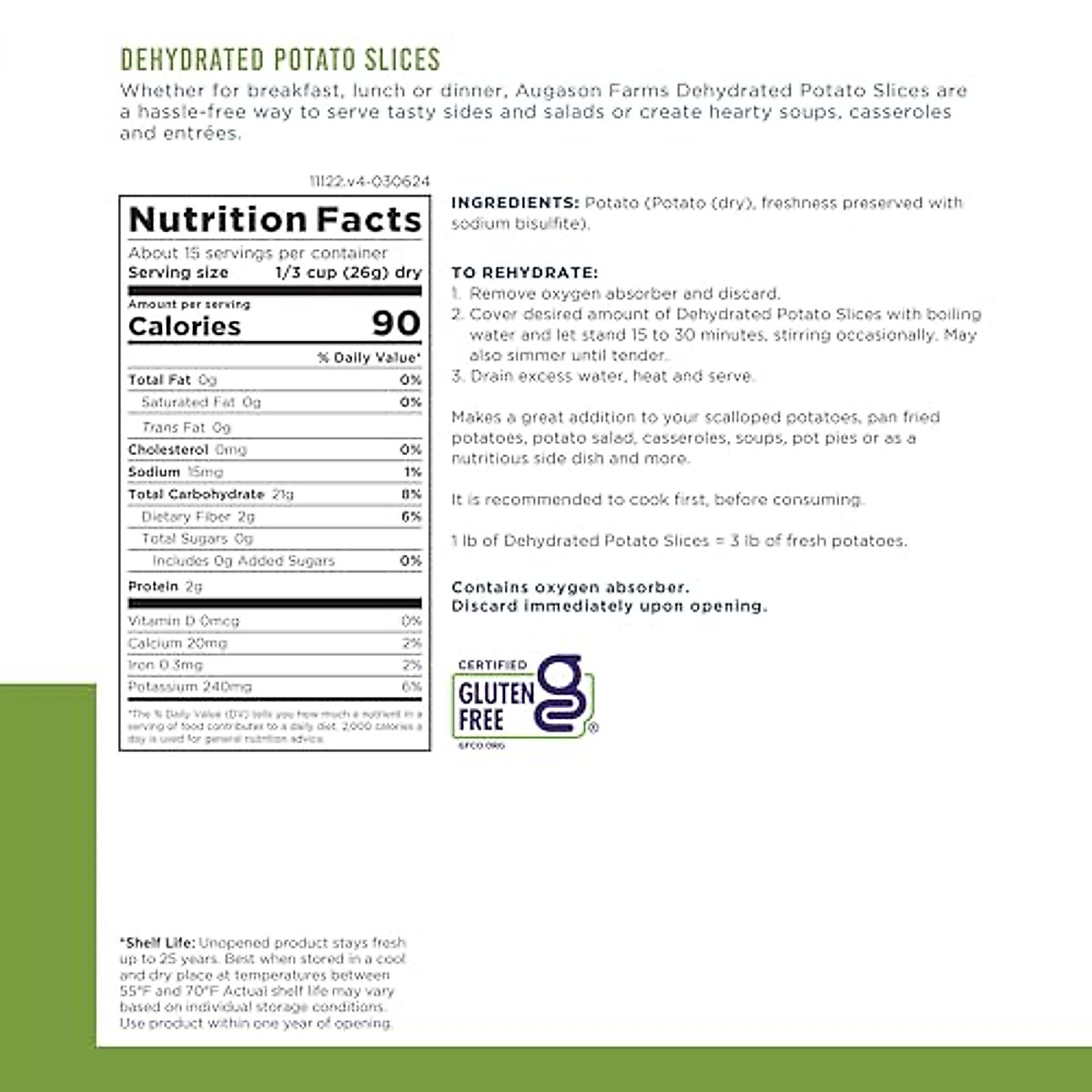 Augason Farms Dehydrated Potato Slices 1 lb.