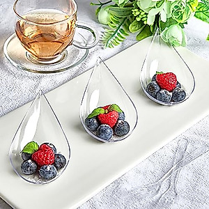 TOFLEN 100ct 4 Inch Mini Appetizer Plates with Tasting Forks - Reusable Clear Plastic Party Serving Trays Mini Plates for Appetizers and Desserts - Tear Drop Tasting Spoon Mini Dish Bowls
