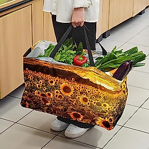KQNZT Reusable Grocery Bags, Large Foldable Reusable Shopping Tote Bags Bulk for Groceries, Waterproof Kitchen Cloth Produce Bags with Long Handles, Sunrise Sunflower