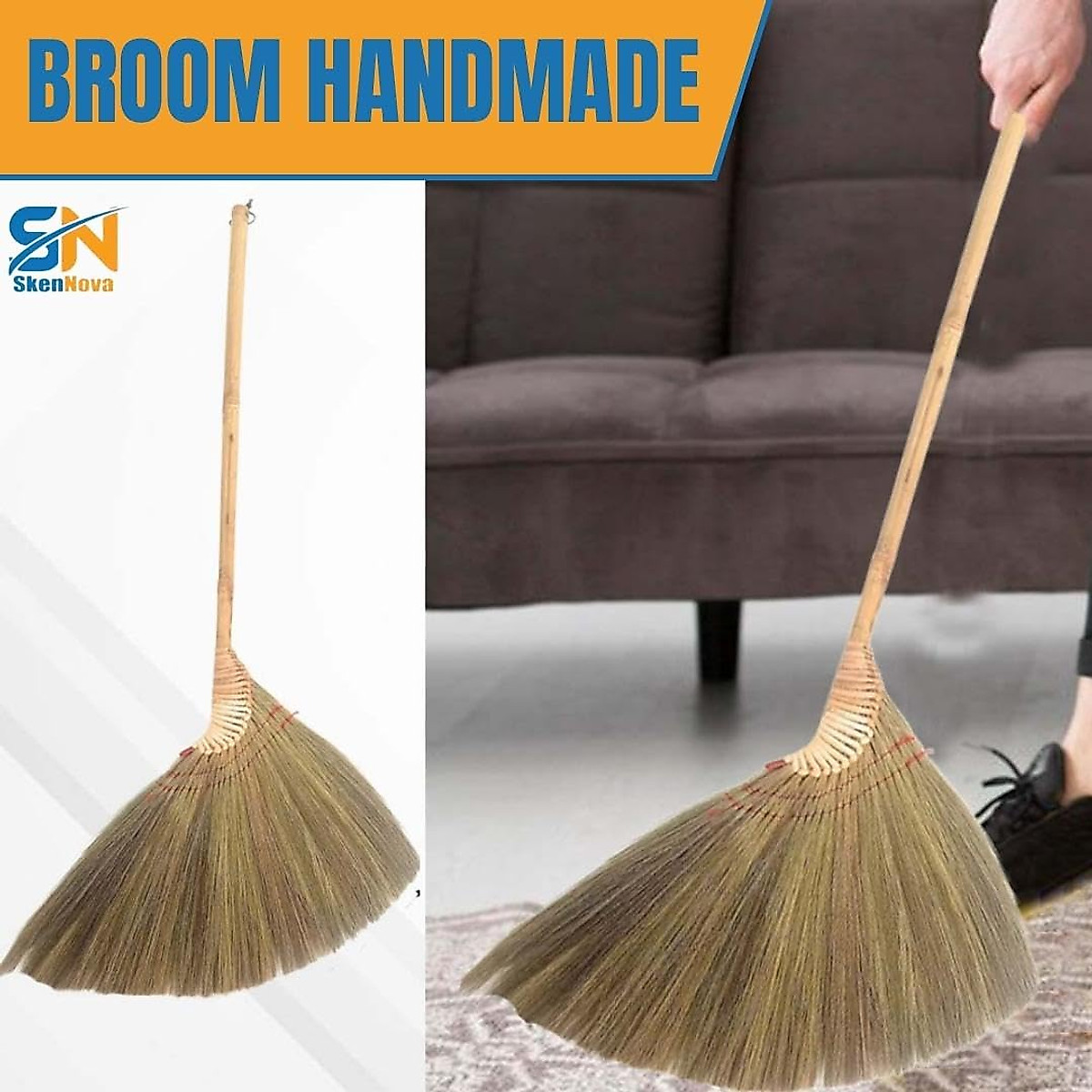 SN SKENNOVA Handmade Bamboo Grass Broom with Synthetic Rattan Binding - Tall 17" W x 40" H
