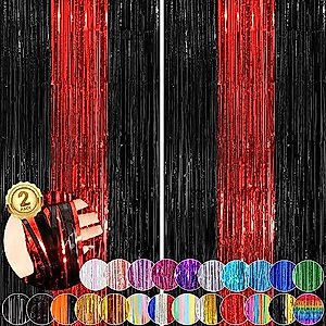 Black Red Fringe Curtain Party Streamers 2Pack 3.3x8.3 Ft Foil Fringe Backdrop Curtains for Birthday Wedding Bridal Baby Shower Holiday Tinsel Streamers Black Party Decorations Door Streamers