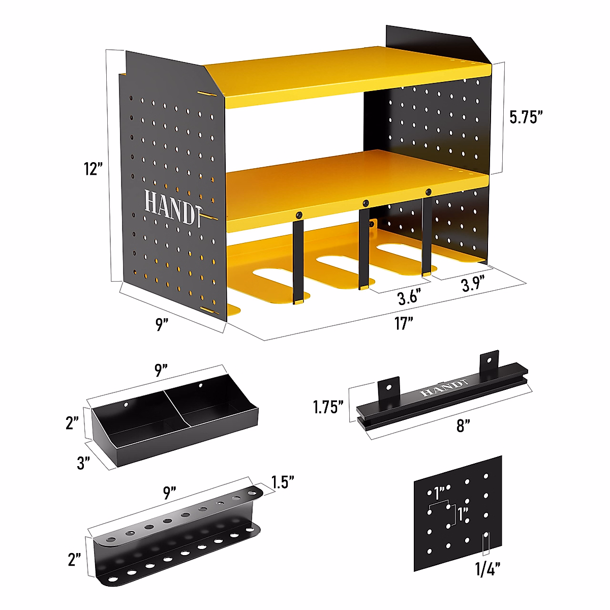HANDT Power Tool Organizer, Wall Mount Drill Holder Garage Storage Rack, Pegboard Screwdriver Holder with Magnet Bar & Organization Bin, Cordless Drill Battery Charging Station Utility Shelf, Yellow