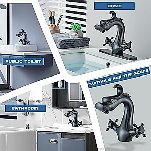 Senlesen Dragon Shape Oil Rubbed Bronze Bathroom Sink Faucet Deck Mount Single Hole Double Handle Cross Knobs Vanity Sink Basin Mixer Tap with Cover Plate Without Pop Up Drain