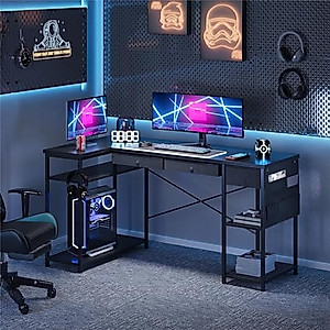 Ｍａｉｈａｉｌ Maihail Home Office Desk with Drawers and Shelves, 55” Computer Corner Desk for Small Space, Small L Shaped Desk with Side Storage for Bedroom, Black