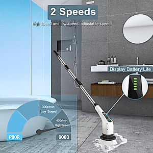 Electric Spin Scrubber, Cordless Bath Tub Power Scrubber with Long Handle & 7 Replaceable Heads, Detachable as Short Handle, Shower Cleaning Brush Household Tools for Bathroom & Tile Floor(White)