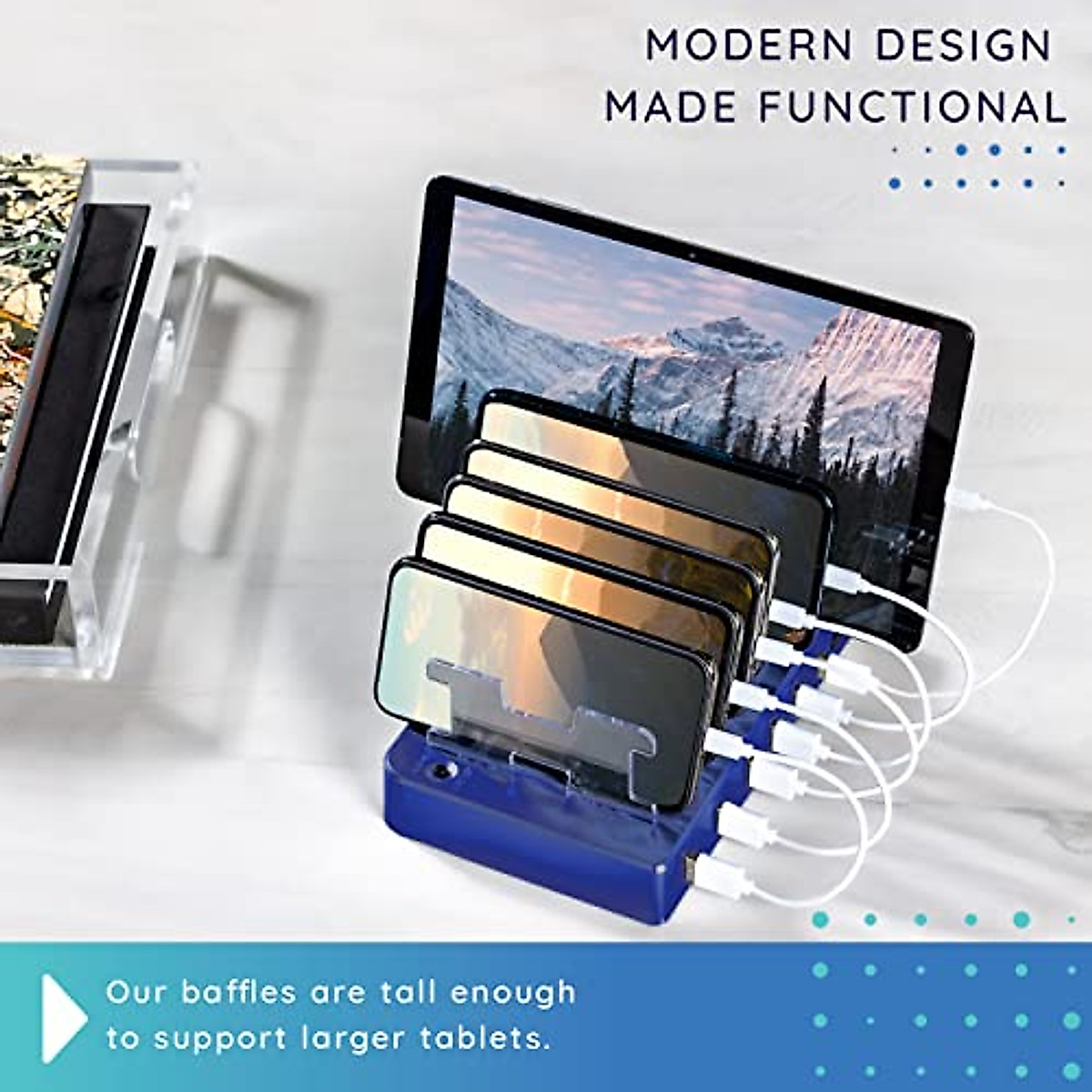 Hercules Tuff Charging Station for Multiple Devices - 6 Ports - (4) iOS Compatible, (1) USB-C & (1) Micro USB Cable for Cell Phones, Smart Phones, Tablets, and Electronics, Blue