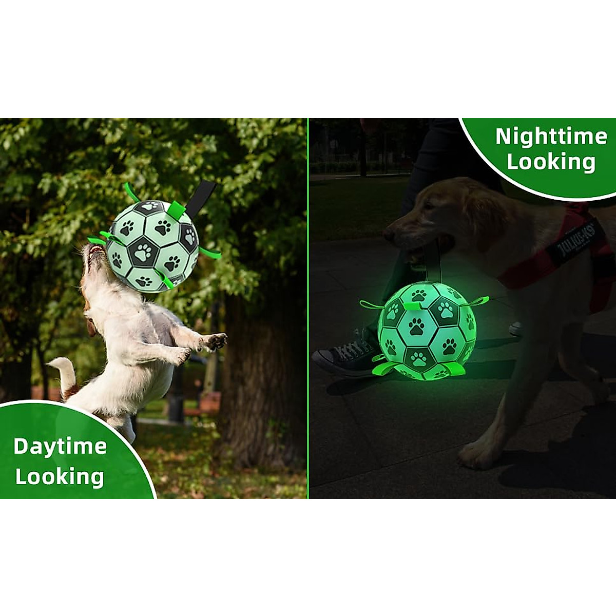 QDAN Glow in The Dark Dog Toys Soccer Ball with Straps, Interactive Dog Toys Puppy Birthday Gifts, Dog Tug Water Toy, Indoor/Outdoor Light Up Dog Balls for Small & Medium Dogs（8 Inch Size 3）