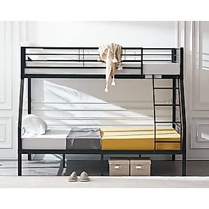 VINGLI Metal Bunk Bed Twin Over Full, Flat Steps, Black