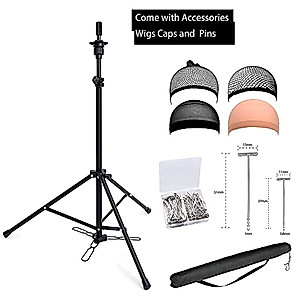 HYOUJIN Wig Head Stand Tripod Mannequin Head Stand Metal Adjustable Holder for Mannequin Head,Manikin Head,Training Head,Canvas Block Head with Wig Caps,T-Pins,Carry Bag (With Foot Panel)