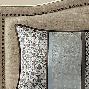 Madison Park Cozy Comforter Set - Luxurious Jaquard Traditional Damask Design, All Season Down Alternative Bedding with Matching Shams, Decorative Pillow Princeton Blue Queen(90"x90") 7 Piece