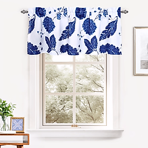 DriftAway Gianna Floral Leaf Botanical Lined Thermal Insulated Energy Saving Window Curtain Valance for Living Room Bedroom Kitchen Rod Pocket 2 Pack 52 Inch by 18 Inch Plus 2 Inch Header Navy