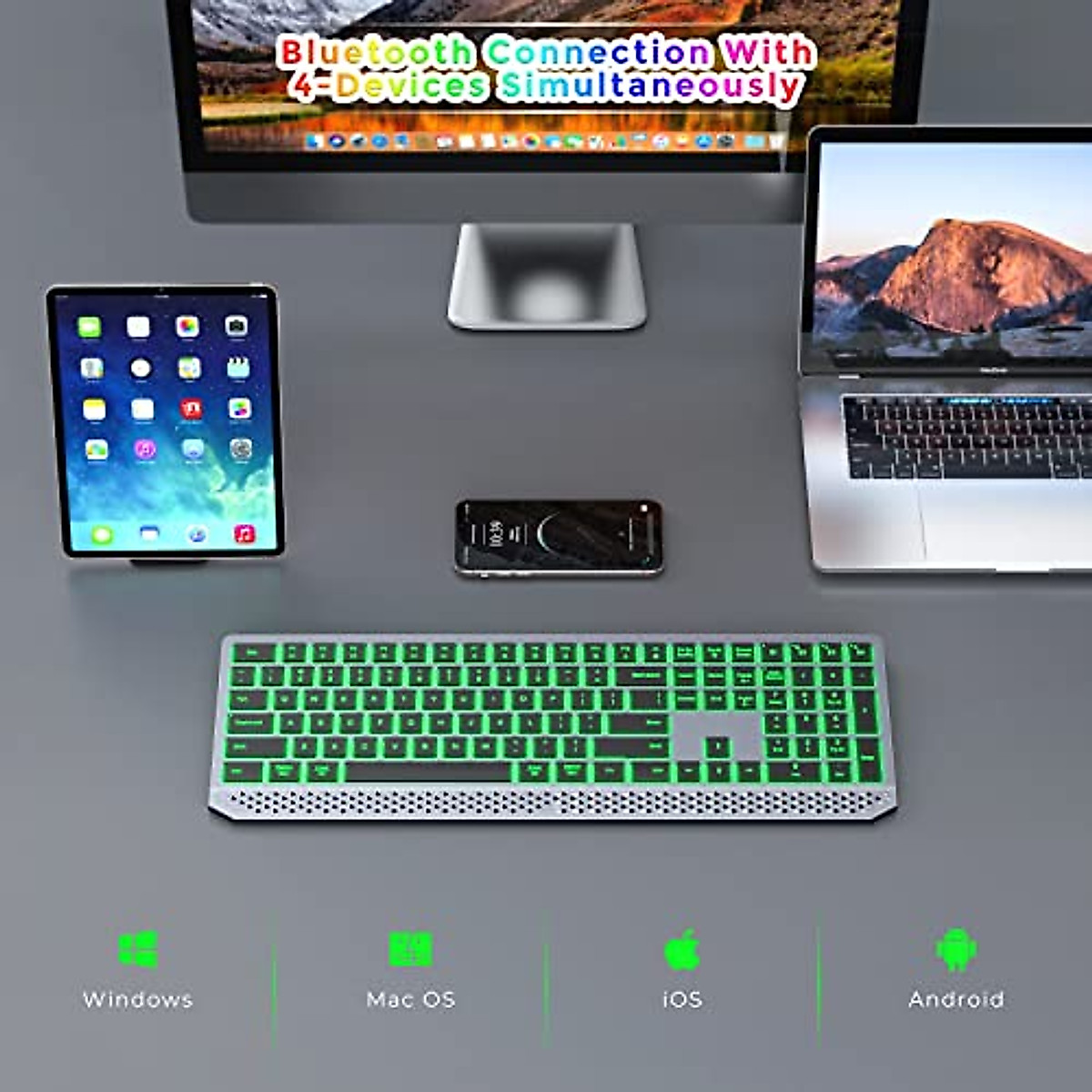 Backlit Bluetooth Keyboard Multiple Devices, Full Size Multi-Device Slim Rechargeable Bluetooth 5.1 Keyboard for Windows Mac OS Android, Backlit Wireless Keyboard for Laptop, Tablet, iPad, iPhone
