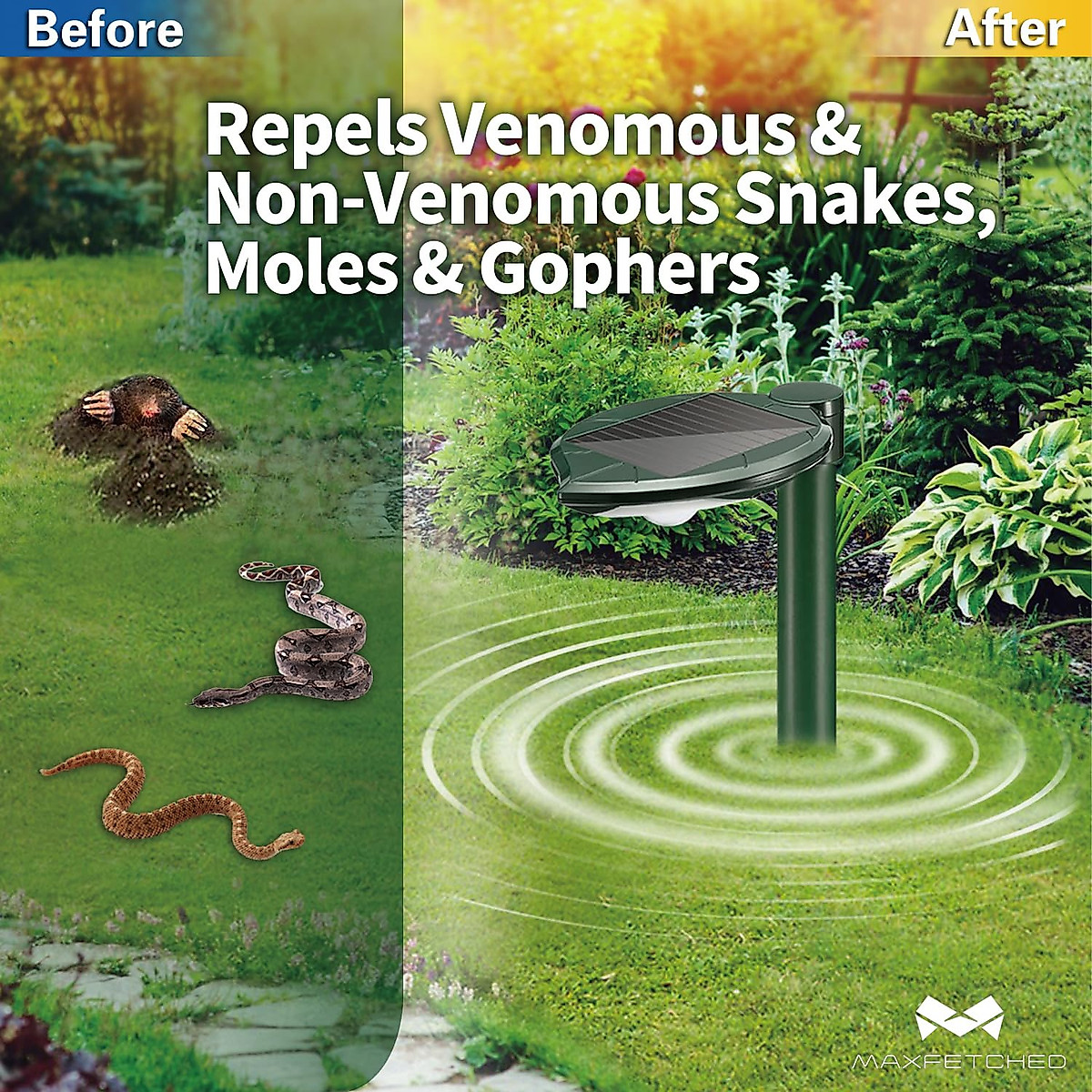 maxfetched Solar Snake Repellent Ultrasonic Outdoor with LED Light, Sonic Mole Repeller Solar-Powered, Snake Mole Vole Gopher Away for Lawn Yard 2PK