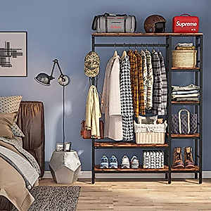 Tribesigns Free-standing Closet Organizer with Hooks, Heavy Duty Clothes Shelf Garment Rack with Shelves and Hanging Rod, Metal Clothing Storage for Bedroom, Capacity 450lb