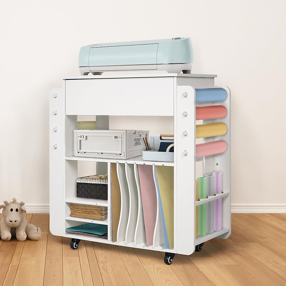foiry Craft Organization and Storage Cart Crafting Cart Cabinet Workstation with Vinyl Roll Holder Compatible with Cricut Machine, Craft Organizer for Craft Room Home 24.3''x14.2''x29.8''