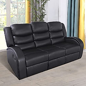 EZLUX 72.5" Leather Sofa 3 Seater, Upholstered Manual Reclining for Home Theater Apartment Living Room Furniture Sets, Black