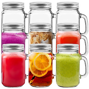 Keketin 16 oz Glass Mason Jars with Lids,9 Pack Reusable Drinking Mason Jars with Handle,480ml Glass Overnight Oats Jar,Beer Mugs for Smoothies,Preserve,Cocktails,Party Favors