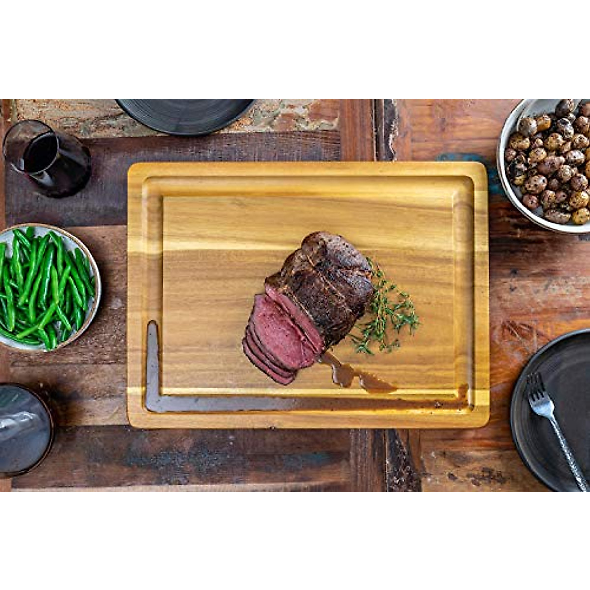 Lipper International 1250 Acacia 1 1/2" Thick Carving Board with Deep Well and Inset Handles for Cutting or Serving Meat, 20" x 15" x 1 1/2"