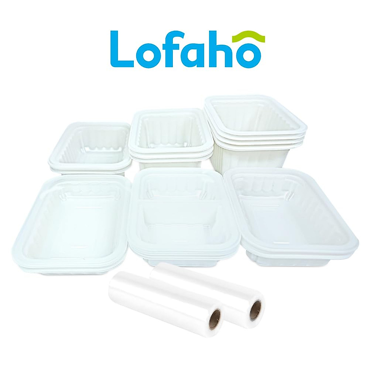 Lofaho Food Trays with sealing films bundle set, 30 Pcs (10~47oz) - Microwave-Safe Dishwasher-Safe Plastic Containers for Meal Prep, Stackable Airtight Leakproof Food Storage Trays