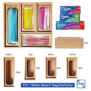 Bamboo Ziplock Bag Storage Organizer for Kitchen Drawer, Plastic Food Bags Organizer Removable Front, Compatible with Ziploc, Solimo, Hefty Baggie Dispenser Holder for Gallon,Quart,Sandwich Slider Bag
