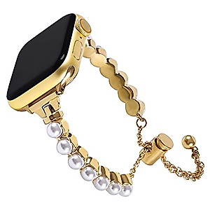 WONMILLE Gold Bracelet Compatible with Apple Watch Band 38mm 40mm 41mm Women, Slim Dressy Design Jewelry Metal Strap Stainless Steel Bling Bangle for iWatch Series 8/7/SE/6/5/4/3/2/1 (Peal Gold)