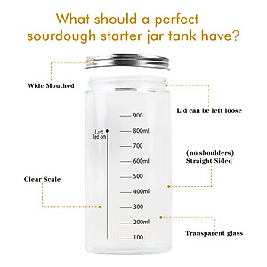 HKCDUUT Sourdough Starter Jar for Sourdough Bread Baking, Sourdough Starter Kit With Date Marked Feeding Band, Thermometer, Scraper, Sourdough Container Sewn Cloth Cover & Metal Lid (1000ml/35Oz)