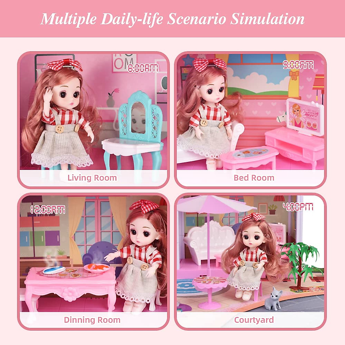 Dreamhouse Doll House for Girls, Fully Furnished Fashion Dollhouse w/Lights, Play Mat and Upgraded Doll, Numerous Doll Houses Furniture & Accessories, DIY Dollhouse Kit Gift Toy for Kids 3 4 5 6 7 8+