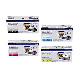 Brother TN221BK, TN221C, TN221M, TN221Y (TN-221BK, TN-221C, TN-221M, TN-221Y) Black, Cyan, Magenta and Yellow Toner Cartridge Set