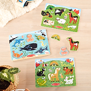 Melissa & Doug Animals Wooden Peg Puzzles Set - Farm, Pets, and Ocean - Animal Puzzles, Peg Puzzles For Toddlers Ages 2+