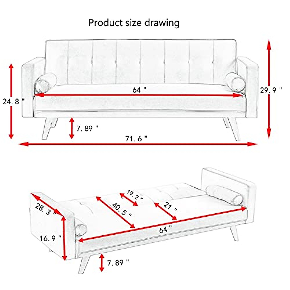 FULife Modern Futon Loveseat Sofa Convertible Sleeper Daybed, Folding Sofá Beds Recliner,Small Tufted Upholstered Love 2-Seat Couch for Living Room Space Furniture Sets, Beige Cotton 71.6" w