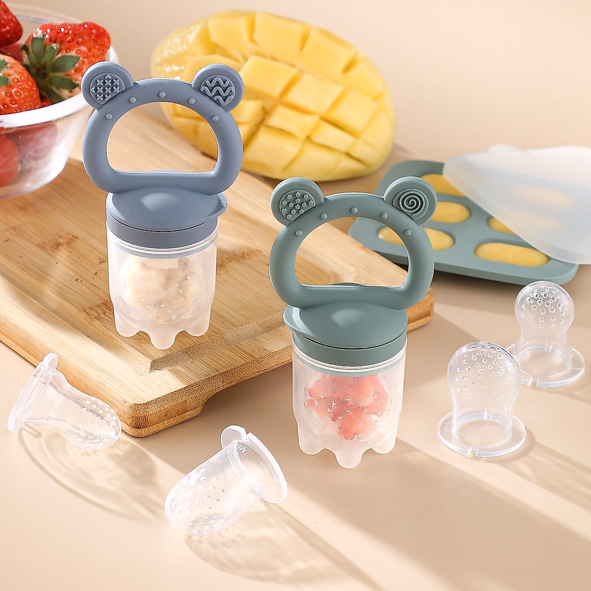 2 Pack Silicone Baby Fruit Feeder with Mini Freezer Tray, Baby Teethers, Breastmilk Popsicle Molds for Baby Teething Relief, Fresh Food Feeder for Safe Infant Self Feeding, Extra Food Pouches