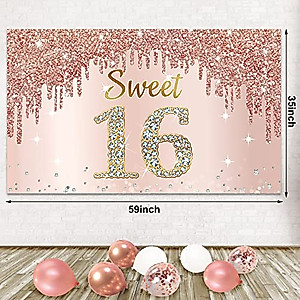 Rose Gold Sweet 16th Birthday Banner Backdrop with Confetti Balloon Garland Arch, Happy 16 Birthday Banner Balloon Set for Girls, Pink Sixteen Bday Poster Photo Booth Decor