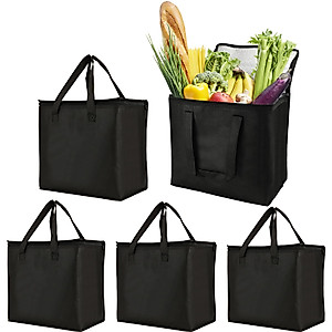 Acrux7 5 Pack Insulated Grocery Bags with Zipper, Reusable Food Delivery Bag, Medium Collapsible Leak-poof Insulated Bags, Food Warmer Bag, Insulated Shopping Bags for Hot & Cold, Groceries (Black)