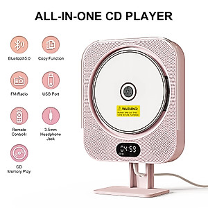 Kpop Pink CD Player Desktop/Wall,Wired Cute CD Music Player Gift for Kids with Bluetooth Speakers,CD Players for Home with Remote Control with LED Support Copy/FM Radio/Alarm Clock/CD/USB/TF/AUX