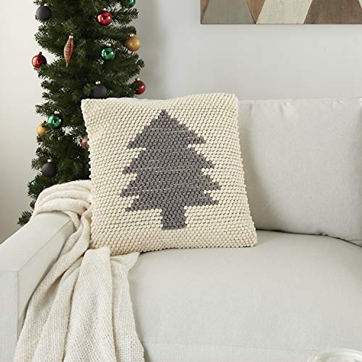 Mina Victory Holiday Xmas Tree Loops Ivory/Grey 20"X20" Throw Pillow