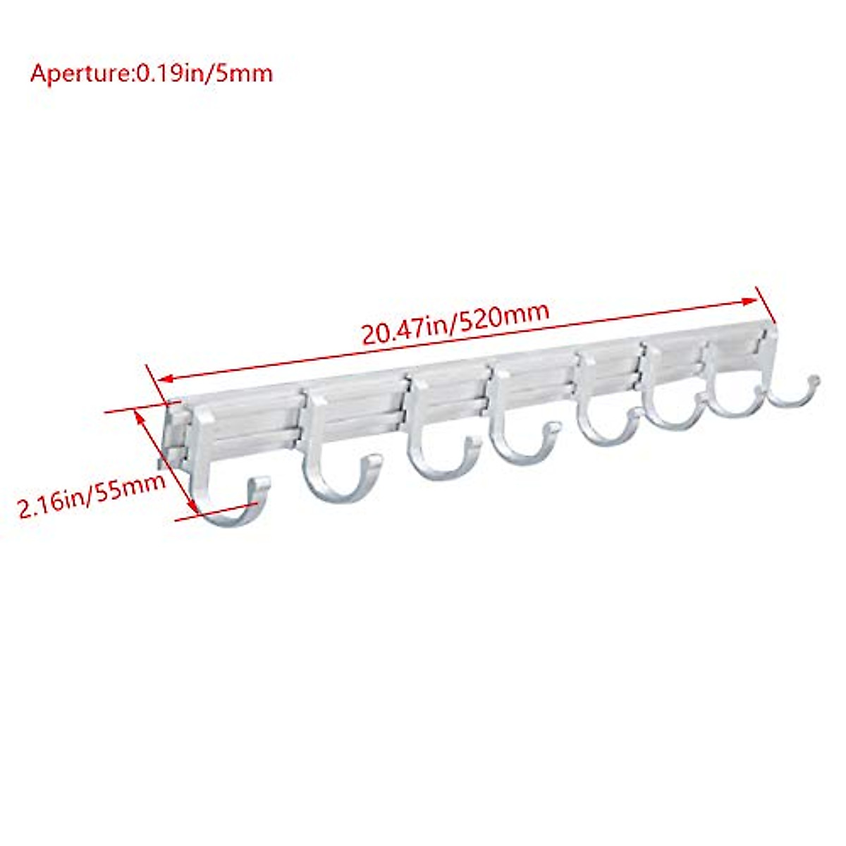 MroMax Wall Mounted 8 Hooks Towel Hat Coat Clothes Wall Hook Rack Rail 20.47"x2.17"(L x W), Silver 1Pcs