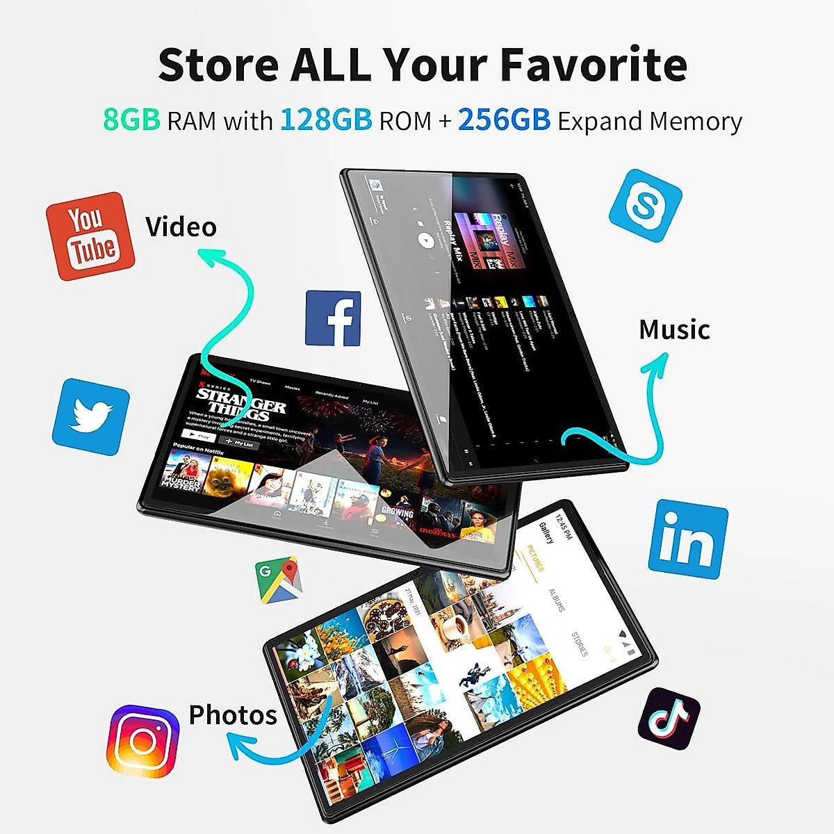 SGIN 8GB RAM 128GB ROM Android 12 Tablet, 10 Inch 1280 * 800 HD IPS Tablets Computer with Srceen, MTK Octa-Core 2.0Ghz Processor, 8MP+5MP Camera, Bluetooth, WiFi, 6000mAh, Black